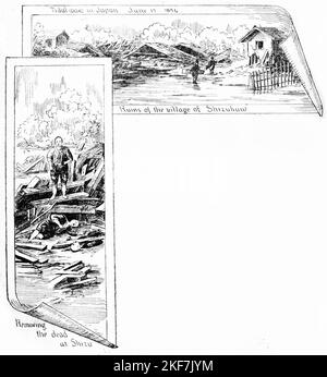 Engraving of damage caused by a tidal wave in Shizuhaw, Japan, June 15 ...