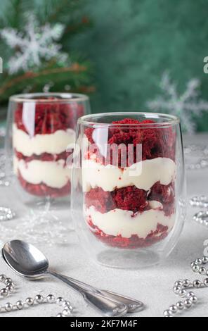 New Year layered dessert Trifle Red velvet with biscuit and cream ...