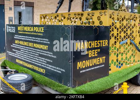 Manchester Bee Monument made from blades and guns, On display in ...
