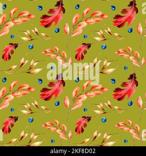 Bright autumn red leaves and spikelet watercolor seamless pattern on ...