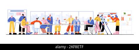 Developing team concept in flat design with people. Man and woman write ...