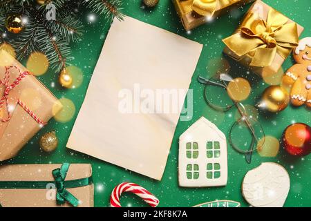 Blank letter to Santa with eyeglasses, Christmas gifts and cookies on ...