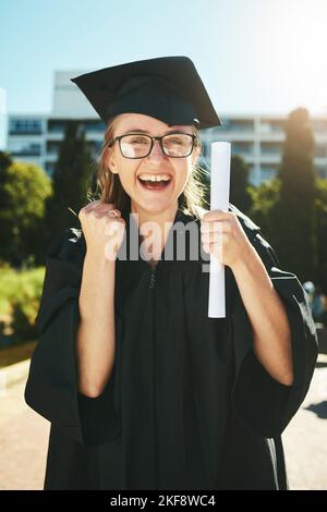 University winner, woman portrait and graduate degree with school ...