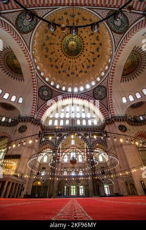 A low angle of Suleymaniye Camii Mosque ceiling, inner architecture of ...