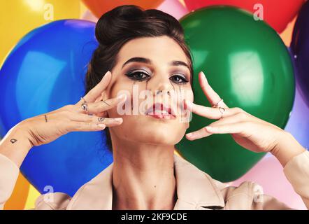 Party balloon and makeup woman crying with sad, depressed and ...