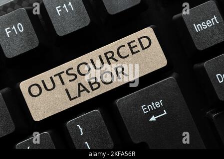 Hand writing sign Outsourced Labor. Business showcase storage or ...