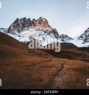 Beautiful Juta valley hiking route with scenic mountain snowy peak ...