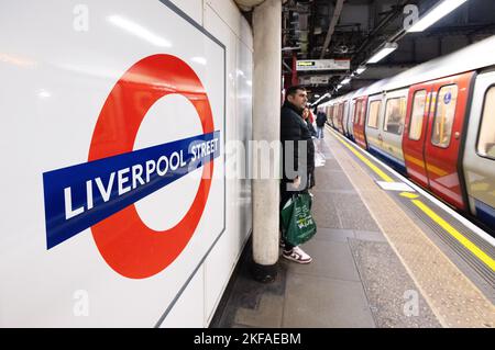 Liverpool Street Tube station sign, the classic red and blue roundel of ...