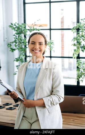 Photo of confident smiling lady realtor wear white shirt spectacles ...