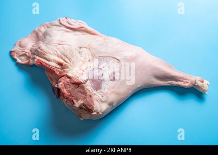 raw gigot or lamp leg on blue background Stock Photo - Alamy