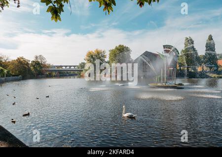 City fountain and pond with swan and ducks in Old European City ...