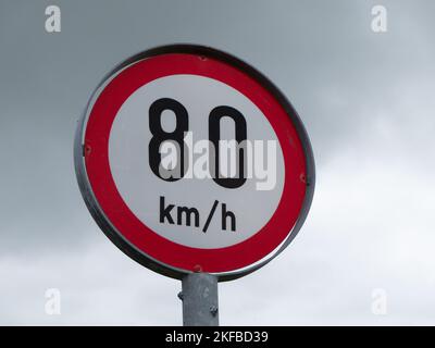 Maximum 8 km/h speed limit road sign on a campground at Autumn Stock ...