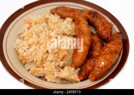 Egyptian hot steamed white rice with yellow lentils Koshary and deep ...