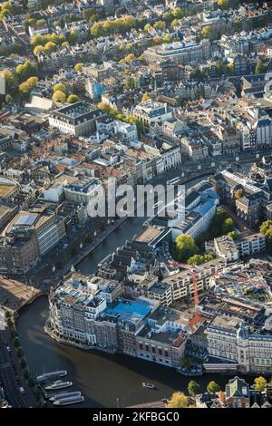 Aerial of Inner city of Amsterdam area Heerengracht and Prinsengracht ...