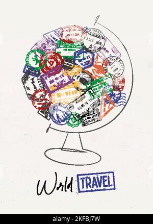 Globe made from a passport stamps different countries with lettering ...