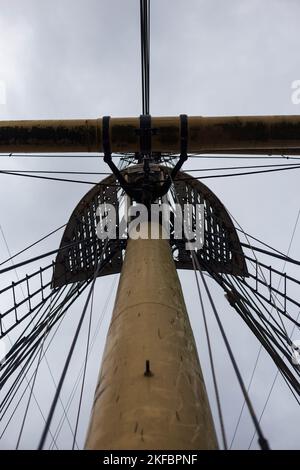 Tall ship, schooner, bow and boom detail, moored at the Ibiza harbour ...