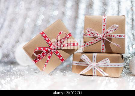 Christmas handmade gift box, conifer tree branches, pine cones and ...