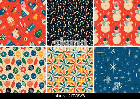 Vintage retro Christmas seamless patterns in the style of the 60s and ...