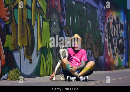 man with Pointer-French-Bulldog-Mongrel Stock Photo - Alamy