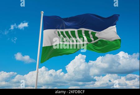 flag of Bantu peoples Ovambo people at cloudy sky background, panoramic ...