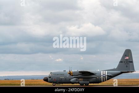 A C-130 Hercules aircraft assigned to the 120th Airlift Wing takes off ...