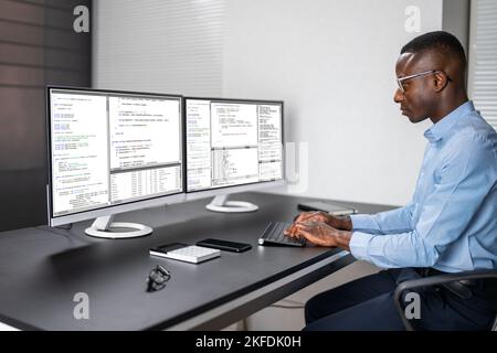 African American Coder Using Computer At Desk. Web Developer Lady Stock ...