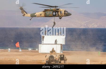 AQABA, Jordan – A Jordanian UH-60 Blackhawk departs from the Royal ...