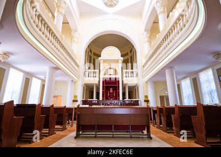 Interior view of the white, wooden Synagogue Beit Rachel w Astanie. In ...