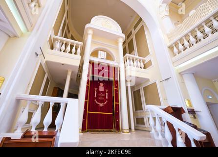 Interior view, looking toward the Bima and Ark, of the white, wooden ...