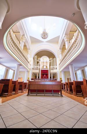 Interior view of the white, wooden Synagogue Beit Rachel w Astanie. In ...