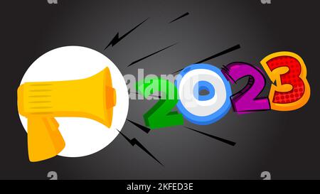 Number 2023 with cartoon Megaphone. Vector Announcement illustration ...