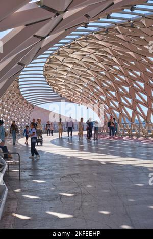 A view of the curvy, open weave, mesh, metal design. At the modern ...