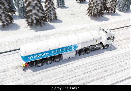 Hydrogen logistics concept. Truck with gas tank trailer on the forest ...