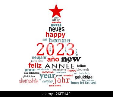 2023 new year multilingual text word cloud greeting card in the shape ...