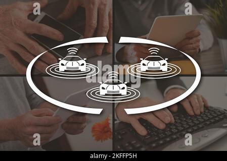 Connected cars concept illustrated by pictures on background Stock ...