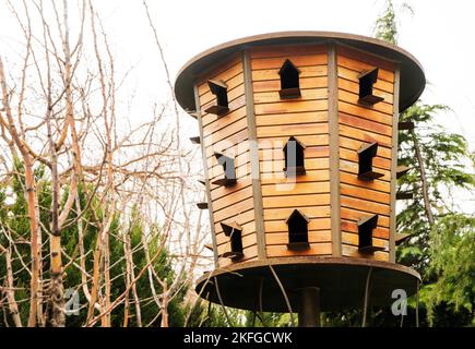 Traditional wooden dovecote. Free-standing dovecot. Weathered wood ...