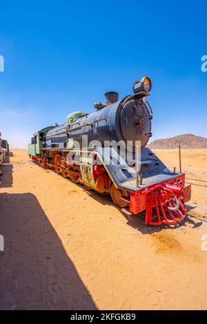 Historic train of the Hejaz Railway in the renovated station of Hegra ...