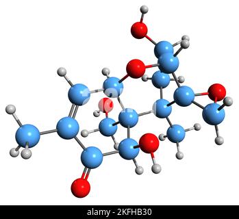 Vomitoxin (deoxynivalenol, DON) mycotoxin molecule. 3D rendering. Atoms ...