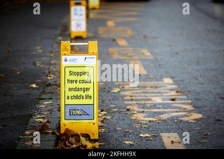 Lancashire no-stopping school road markings Stock Photo - Alamy