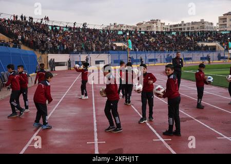Idlib, Syria. 18th Nov, 2022. People hold a giant flag during the ...