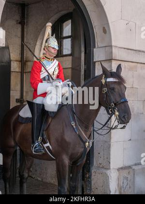 A mounted Life Guard on duty at the Horse Guards barracks on Whitehall ...
