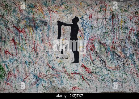 The Graffiti of Argentine football star, Lionel Messi is painted on a ...