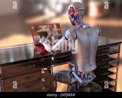 Humanoid robot working with laptop, conceptual illustration Stock Photo ...