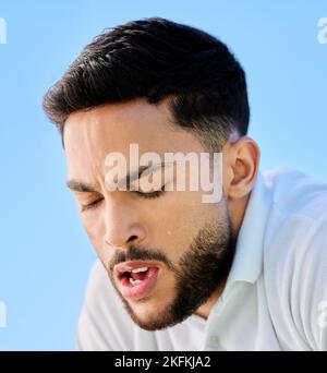 Fitness face, tired or tennis man for fatigue from exercise, training ...