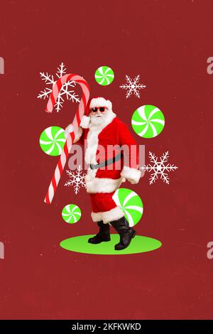 Vertical collage picture of santa claus hands hold ax xmas tree ...