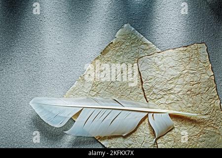 Ancient crumpled paper sheet plume on grey surface Stock Photo - Alamy