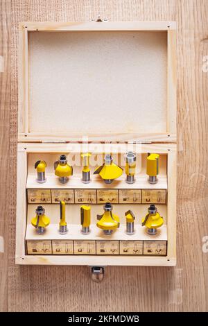 Set of roundover router bits for woodworking in wooden box on board ...