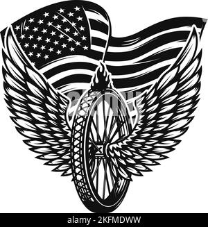 Illustration of winged wheel on american flag background. Design ...