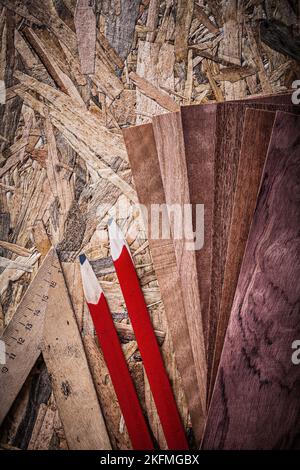 Veneer sheets ruler pencils on wooden board construction concept Stock ...