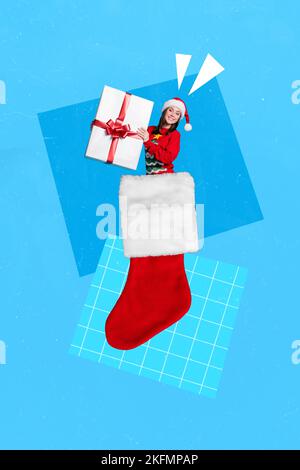 Vertical collage picture of cheerful girl hands hold big newyear ...